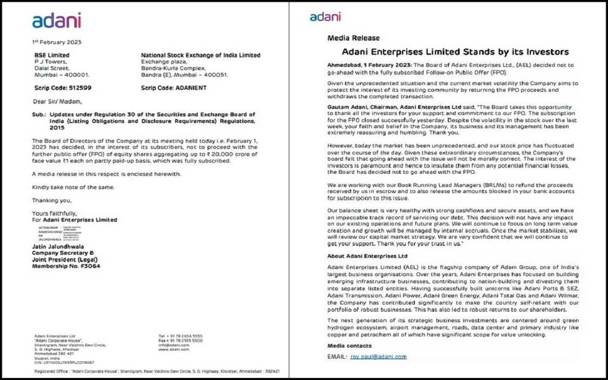 Adani Enterprises calls off Rs 20,000 Crore FPO, to return money to ...